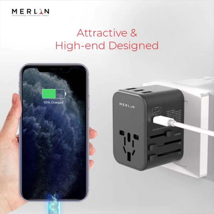 MERLIN World Adapter PD+C 2TYPE-C+3USB+8HOLES SOCKET | Oksouq
